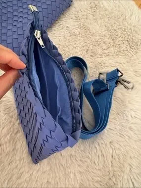 Bags | Woven Tote Bag In Blue With Removable Pouch | Poshmark